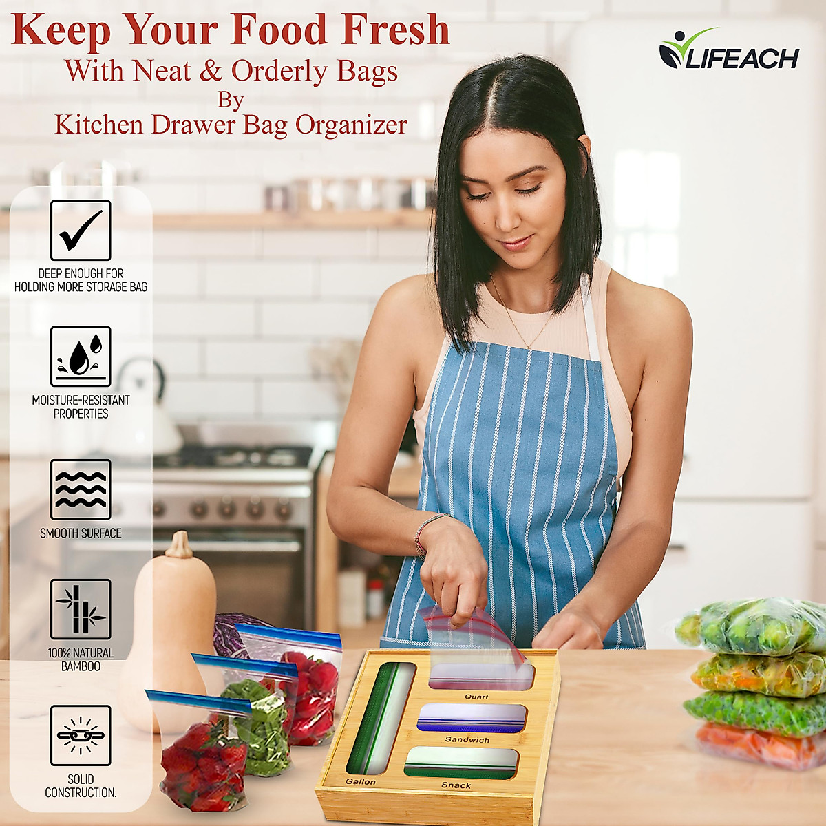 Bamboo ziplock bag storage organizer for kitchen drawer, plastic bag holder, kitchen drawer organizer, drawer oganizer, compatible with veriety of bags as snack, sandwich, gallon,quart size bags