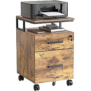 FEZIBO 2-Drawer File Cabinet with Lock for Home Office, Rolling Filing Cabinet, Under Desk Home Office File Cabinet for A4, Letter Size, Printer Stand, Wooden Storage Mobile File Cabinet, Rustic Brown