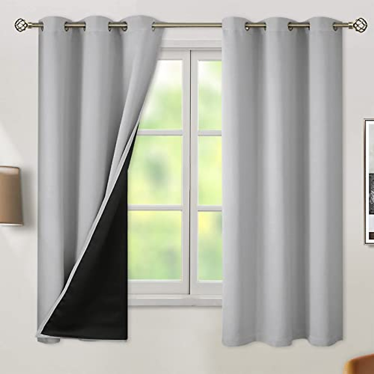 BGment 100% Blackout Curtains for Bedroom with Black Liner, Thermal Insulated Thick Double Layers Total Light Blocking Grommet Window Curtains 63 Inch Length 2 Panels Set (42 x 63 Inch, Light Grey)