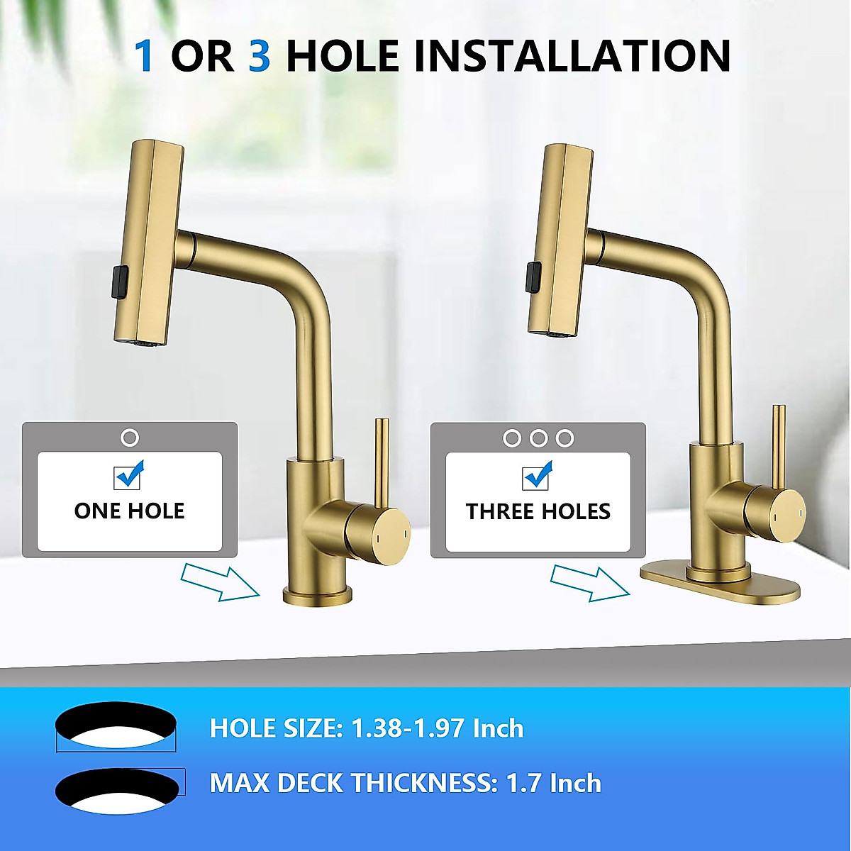 TRIPHIL Waterfall Bathroom Faucets with 3 Mode Pull Down Sprayer,Single Handle Modern Bath Sink Faucet with Pop Up Drain and Deck Plate,Brusehd Gold 1 Hole RV, Bar,Restroom,Lavatory,Vanity Tap