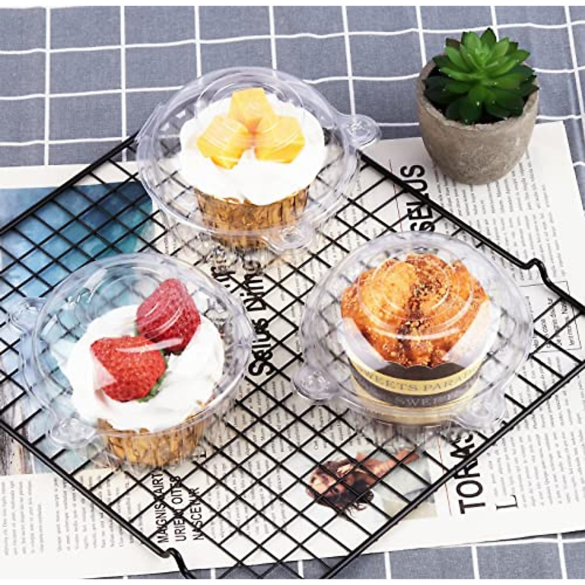TOFLEN 100ct Disposable Clear Plastic Packaging Box with Cover - Plastic Hinged Food Container for Desserts To-Go, Fruit, Bread, Party Favor Cake - Cupcake Boxes Individual