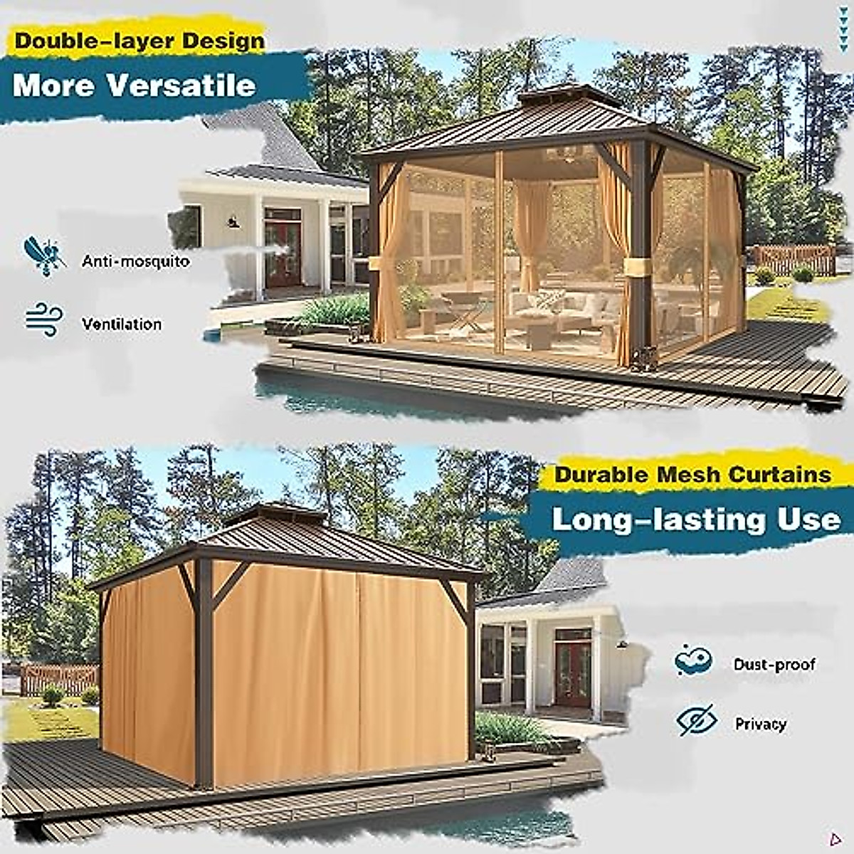 MELLCOM 12'x12' Hardtop Gazebo, Galvanized Steel Metal Double Roof Aluminum Gazebo with Curtain and Netting, Permanent Pavilion Gazebo for Patio, Lawn and Garden