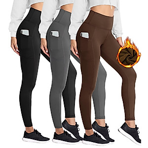 HIGHDAYS 3 Pack Leggings with Pocktes for Women - High Waist Tummy Control Soft Women's Yoga Pants for Workout Running, Black/Gray/Coffee, ONE Size