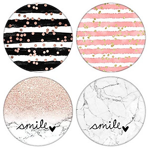 4 Pack Cell Phone Stand，Multi-Function Cellphone Foldable Finger Grip Holder for Smartphone and Tablets - Rose Gold Blush Pink Confetti White Black Stripes Marble Smile Heart