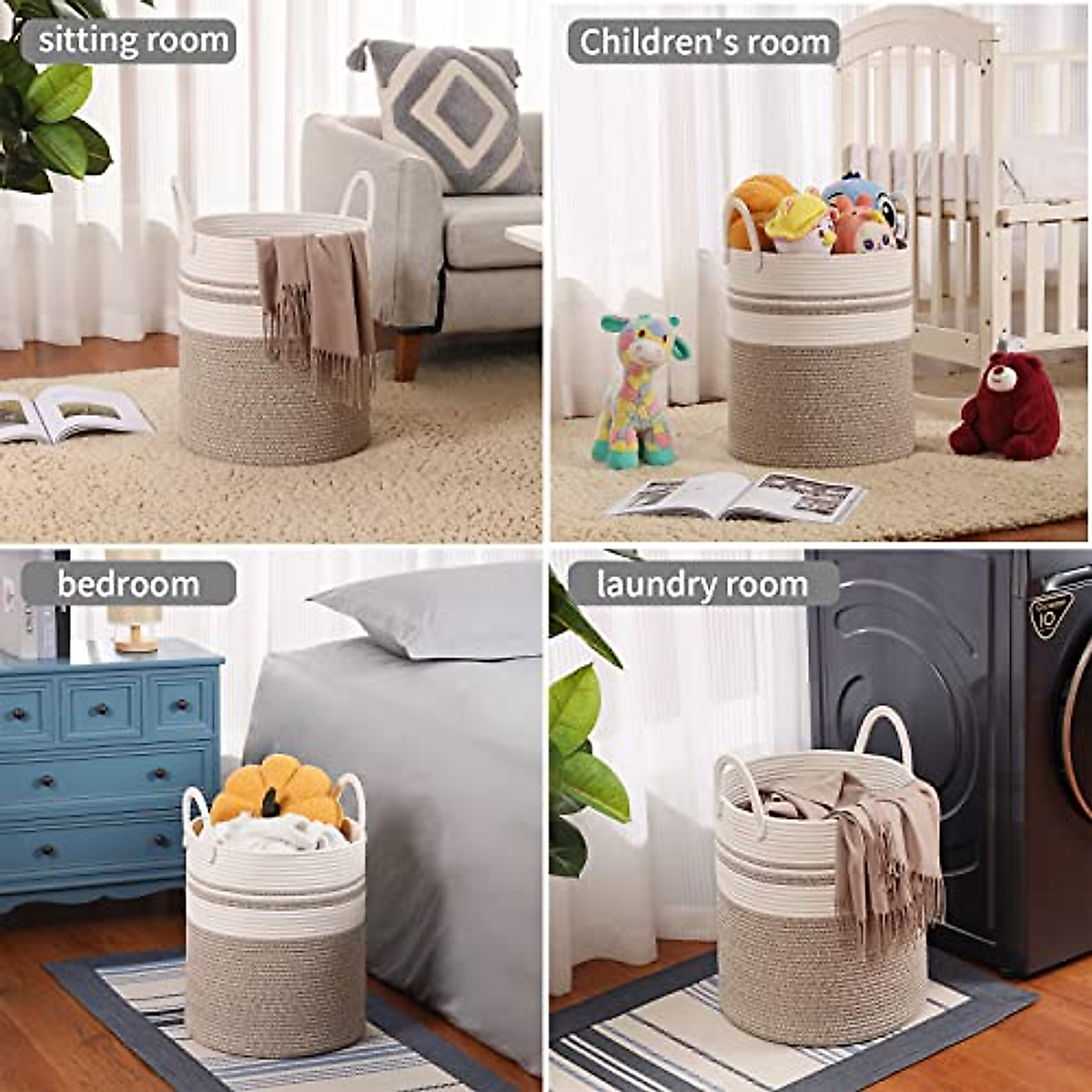 3pcs Blanket Basket, 1pc 40L Cotton Rope Lundry Hamper and 2pcs Mesh Lundry Bag, Storage Basket with handle for Living Room, Laundry Basket for Pillows Toys Clothes. (40L)