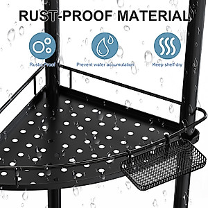 OGEMXU Corner Shower Caddy Stand, 4 Tier Shower Organizer Corner for Bathroom Shampoo Storage, Unshakable Sturdy Floor Shower Shelf with Soap Holder, Rustproof Metal Stand with 4 Hooks, Black
