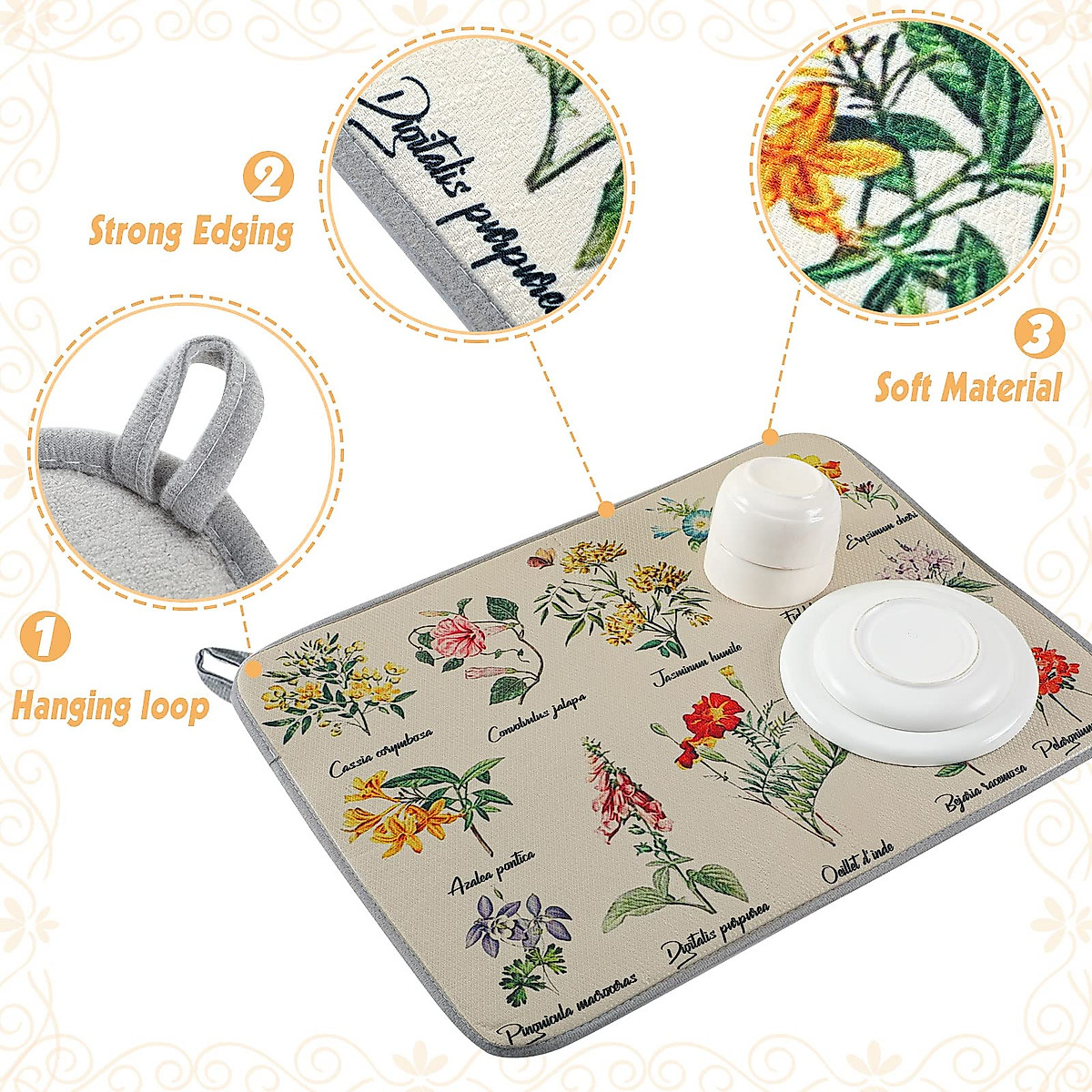 18 x 24 Inch Kitchen Drying Mat Flower Herbs Dish Drying Mats for Kitchen Counter Dish Drying Pad Plant Absorbent Reversible Microfiber Leaves Plant Dish Mat for Drainer Rack Coffee Bar Decor