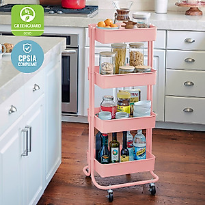 ECR4Kids 4-Tier Metal Rolling Utility Cart, Multipurpose Storage, Pink