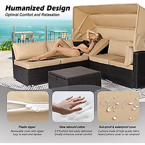 LEISU 6-Piece Outdoor Patio Rattan Daybed Furniture Set with Retractable Canopy, Adjustable Backrest,Holiday Sectional Chaise Longue Sofa Set for Backyard Poolside Garden (Khaki)