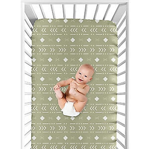 Sweet Jojo Designs Sage Green Boho Tribal Mudcloth Boy or Girl Fitted Crib Sheet Baby or Toddler Bed Nursery - White Woodland Bohemian Southwest Geometric Arrow Gender Neutral Aztec Mud Cloth