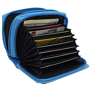 MARSHAL Genuine Leather RFID Identity Protected Double Zippered Accordion Wallet (Baby Blue)