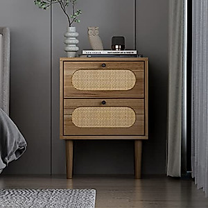 Modern Walnut Nightstand with 2 Drawers Rattan Side Table End Table with Storage Set of 2 Elegant Wood Square Bedside Tables for Bedroom Living Room Small Space(2-Pack)