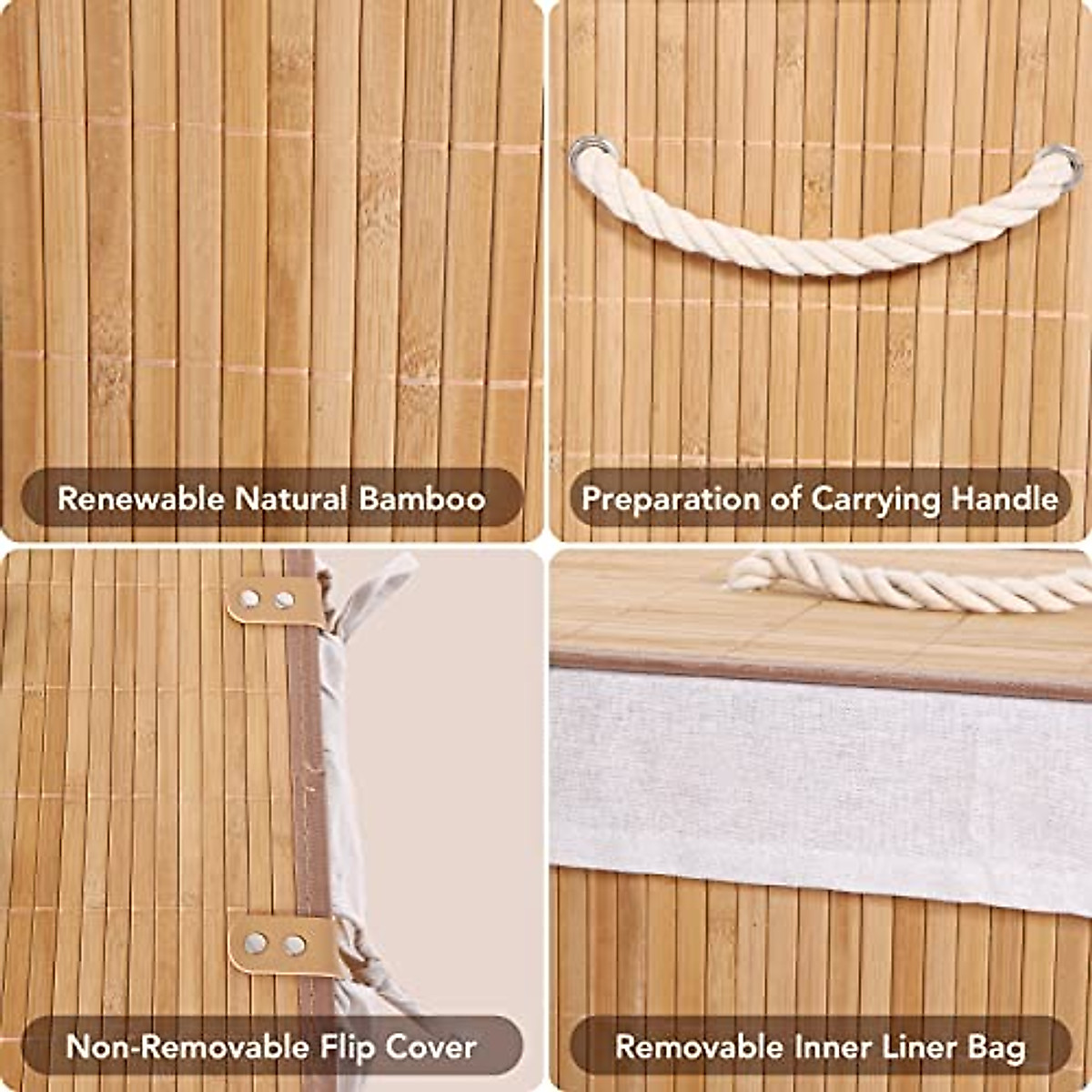 Laundry Hamper by Miss Tanlow, Natural Bamboo Woven Laundry Hamper, Removable Liner, Hampers for Laundry with Lid, Large Capacity of 72L