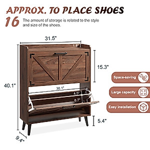 Barnyatoh Shoe Storage Cabinet with 2 Flip Drawers, Farmhouse Hidden Shoe Organizer, Narrow Slim Shoe Rack Cabinet for Entryway Hallway,Brown