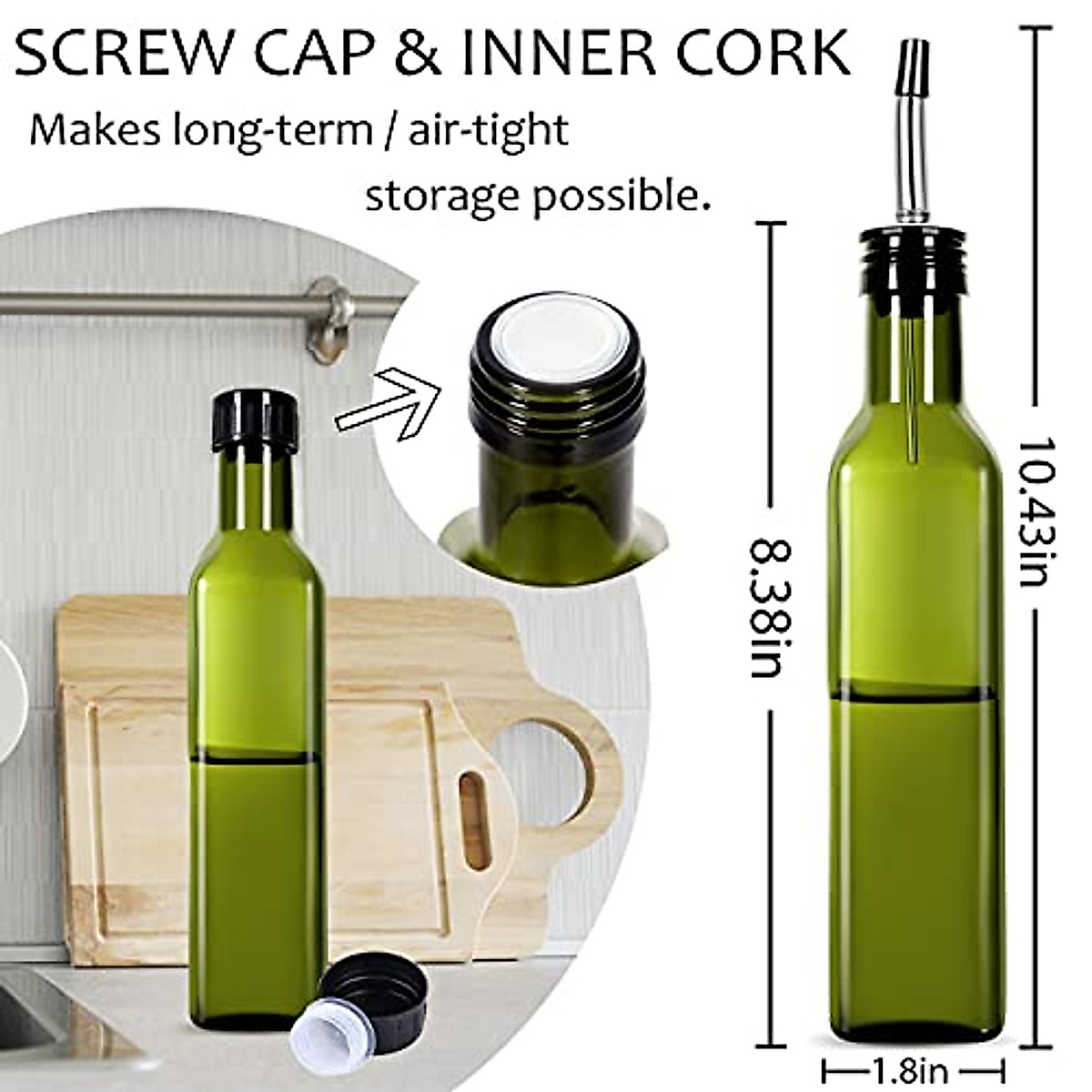 Gusnilo Olive Oil Dispenser, Oil Vinegar Cruet, Square Tall Glass Bottle W/Stainless Steel Pourer Spout SET OF 2-8 Oz(Ounce)