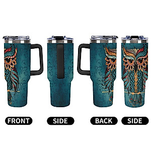 Niapessel Leak Proof Tumbler, Insulated Water Bottles with Straw, Owl Ethnic Insulated Cup with Handle 40 Oz Stainless Steel Flask for School, Travel, Car, Sports, Work