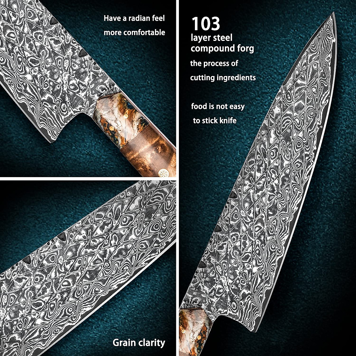 FZIZUO Professional Japanese Style Chef Knife,Full Tang 8.3 Inch Handmade VG10 Damascus Steel Blade Burl Wood Handle Gyuto Kitchen Knives with Sheath for Cooking