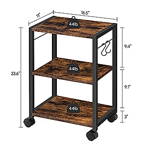 ALLOSWELL Mobile Printer Stand, 3-Tier Printer Cart Under Desk with Storage, Industrial Rolling Cart with 2 Hooks, Sturdy Little Cart on Wheels for Home Office, Rustic Brown and Black PTHR4001