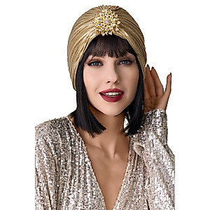 BABEYOND Women's Turban Hat with Crystal Vintage Head Wrap Knit Pleated Turban (Gold)