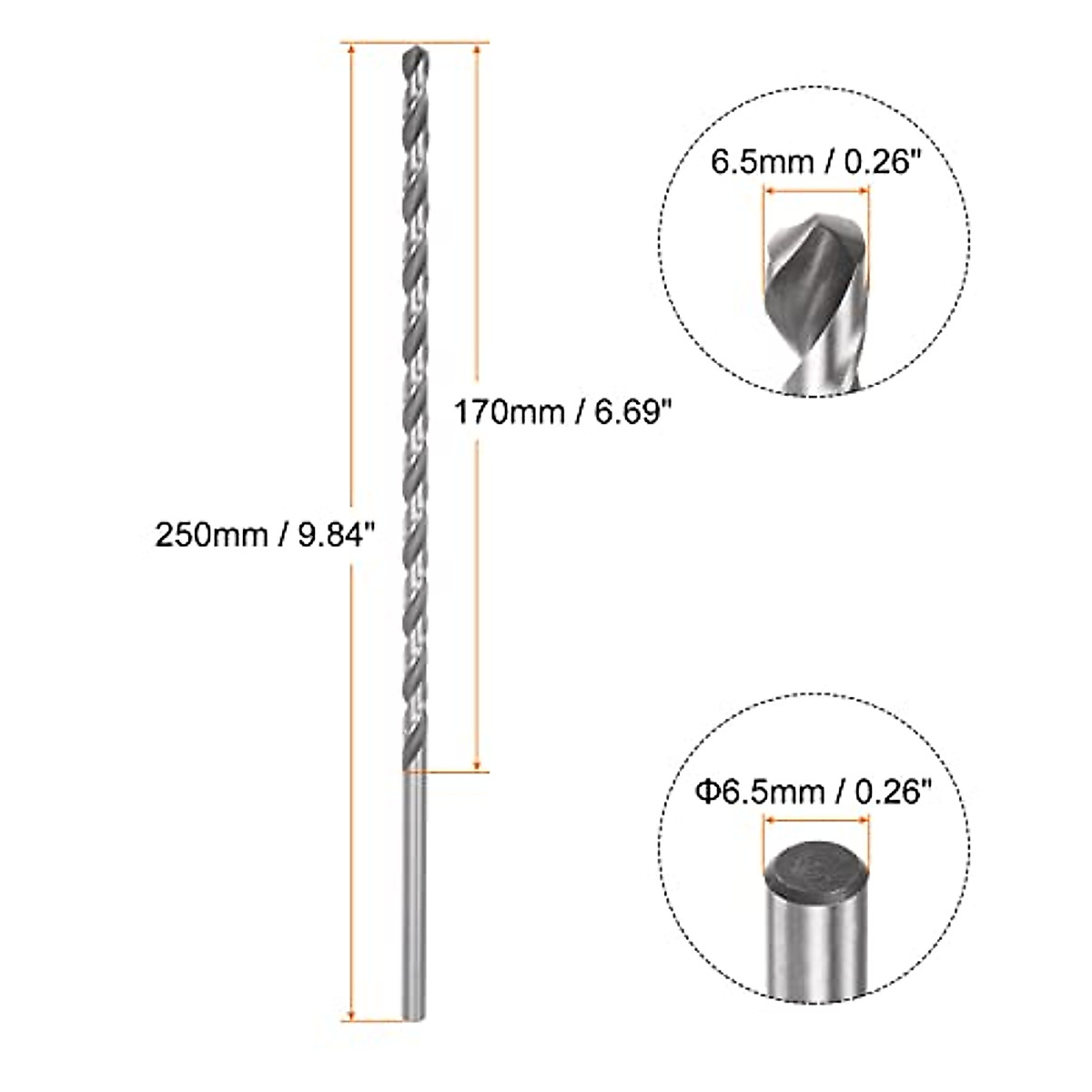 HARFINGTON 6542 High-Speed Steel Twist Drill Bit, 6.5mm Drill Bit 250mm Length Extended Straight Shank Black Oxide Ground Drill Bit for Steel Aluminum Alloy
