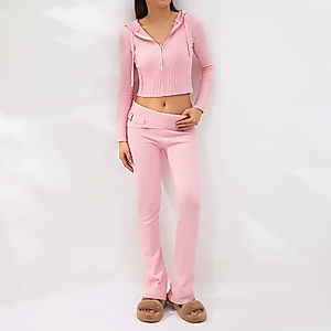Women Knit Two Piece Set Y2k Long Sleeve Zip Up Crop Hoodie and Low Rise Flare Leggings Jogger Pants Set Loungewear (Pink, M)