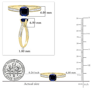 Dazzlingrock Collection 18K 6 MM Cushion Created Blue Sapphire And Round Diamond Women Ring, Yellow Gold, Size 9