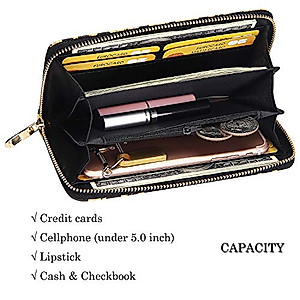 KUKOO Women’s Printed Zip Around Wallet Phone Clutch Purse Card Holder Organizer (Yellow -daisy-1)