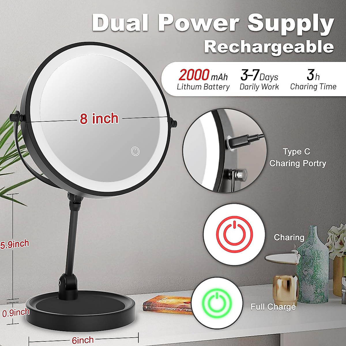 SanaWell Wall Mounted Makeup Mirror, 7X Magnifying Mirror with Lights, 8 Inch Double Sided HD Mirror [One Button Switch],Extendable Arm 360° Swivel Shaving Cosmetic Mirror Powered by Plug-in AC Cord