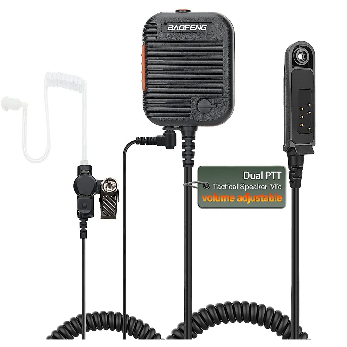 BAOFENG Ham Radio Speaker Mic Tactical Volume Adjustable Dual PTT Mic with 3.5mm Acoustic Tube Earpiece UV-9R Plus UV-9RPRO GMRS-9R UV-9G GT-3WP BF-9700 Waterproof Two Way Radio