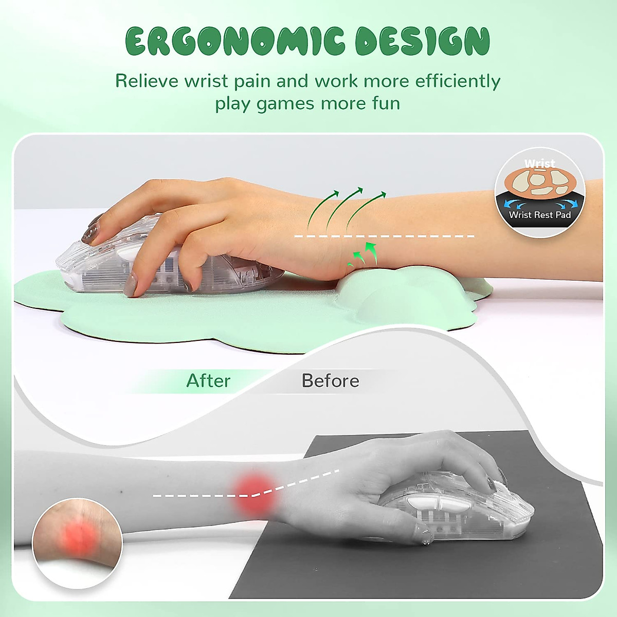 Gaming Mouse Pad Wrist Rest,Ergonomic Cloud Wrist Rest Mousepad with Gel Memory Foam,Non-Slip Rubber Base,Comfortable Mouse Pad for Home Office,Laptop,Mac,Lightweight,Easy Pain Relief (Light Green)