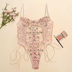 Lilosy Women Sexy Lace Up Floral Embroidered Teddy Babydoll Lingerie Bodysuit Top Mesh Sheer One Piece See Through Pink Small