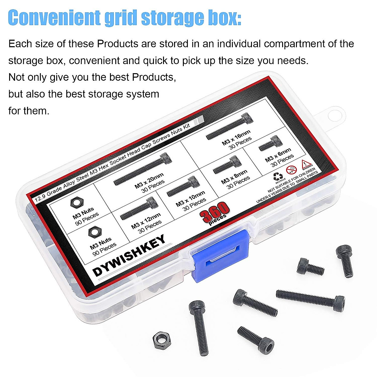 DYWISHKEY 360 Pieces M3 x 6mm/8mm/10mm/12mm/16mm/20mm, 12.9 Grade Alloy Steel Hex Socket Head Cap Bolts Screws Nuts Kit with Hex Wrench