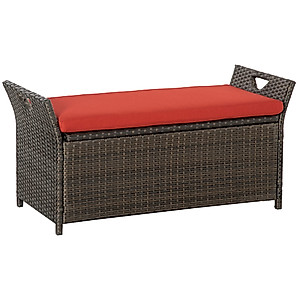 Outsunny 27 Gallon Patio Wicker Storage Bench, Outdoor PE Rattan Patio Furniture, 2-in-1 Large Capacity Rectangle Garden Storage Box with Handles and Cushion, Red