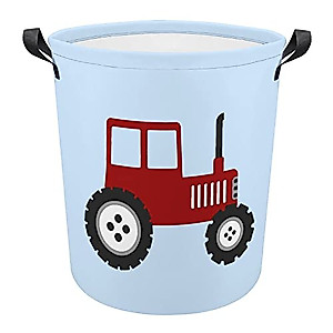 Red Tractor Foldable Laundry Basket Waterproof Hamper Storage Bin Bag with Handle 16.5"x 16.5"x 17"