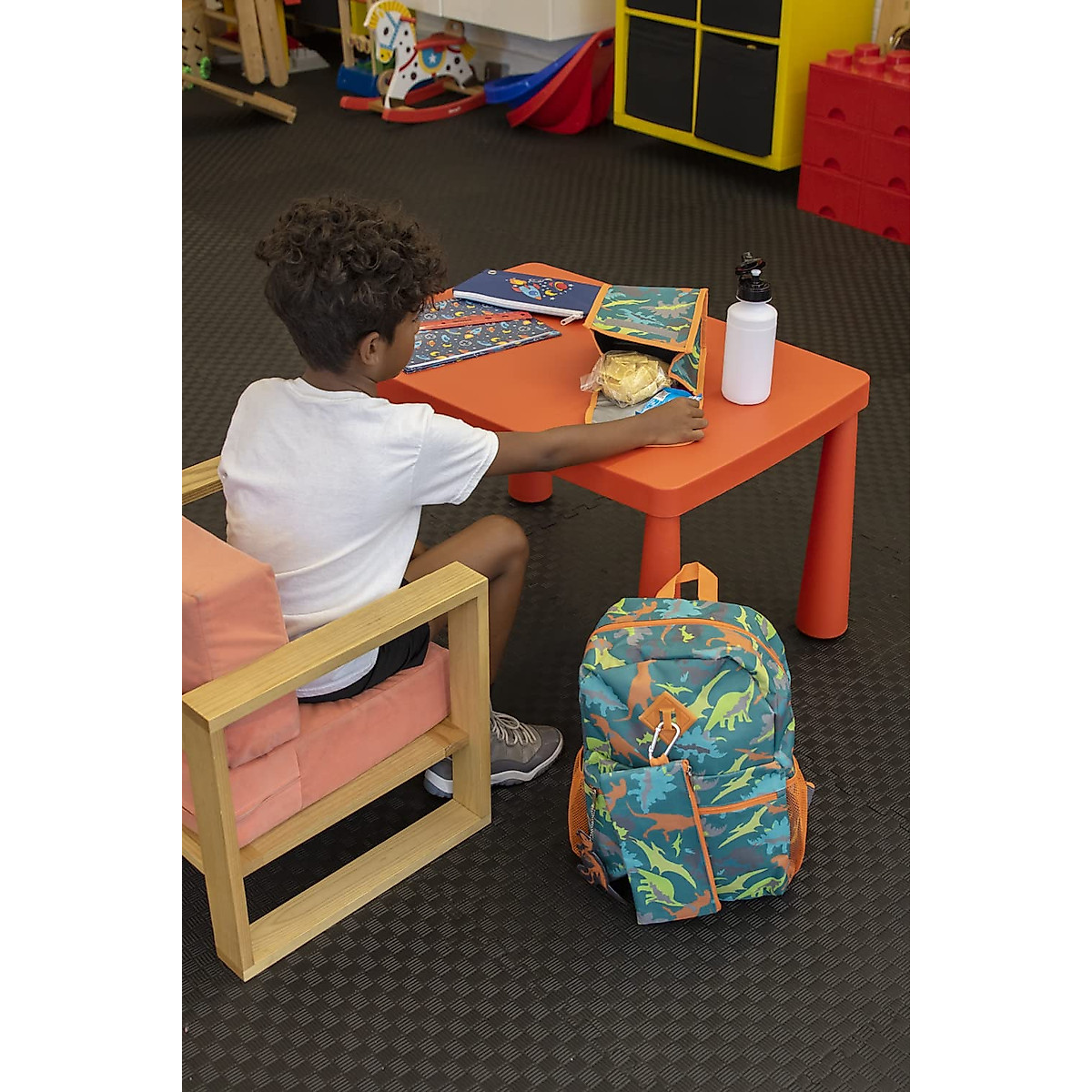 Trail maker Boy's 6 in 1 Backpack With Lunch Bag, Pencil Case, and Accessories (Dueling Dinos)