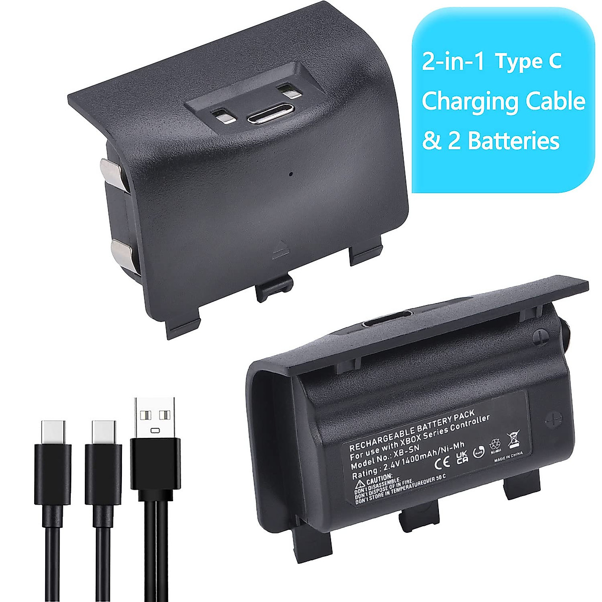 Battery Pack for Xbox Series X|S, Tectra 2-Pack Controller Battery for Xbox Series X, Xbox Series S with Charging Cable