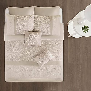 510 DESIGN Luxe Quilted Comforter Set Modern Transitional Design, All Season Down Alternative Warm Bedding Matching Shams, Bedskirt, Decorative Pillow, Queen, Ramsey Damask Neutral