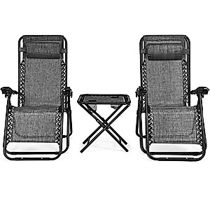 Tangkula 3 Pieces Outdoor Zero Gravity Chair Set, Folding Reclining Lounge Chair with Adjustable Backrest, Head Pillow, Matching Table with Cup Holder, Camping Recliner for Poolside, Yard (Grey)