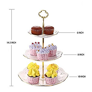 BonNoces 3-Tier Porcelain Embossed Cupcake Stand - Pure White Rimmed with Gold Dessert Cake Stand - Pastry Serving Tray Platter for Tea Party, Wedding and Birthday