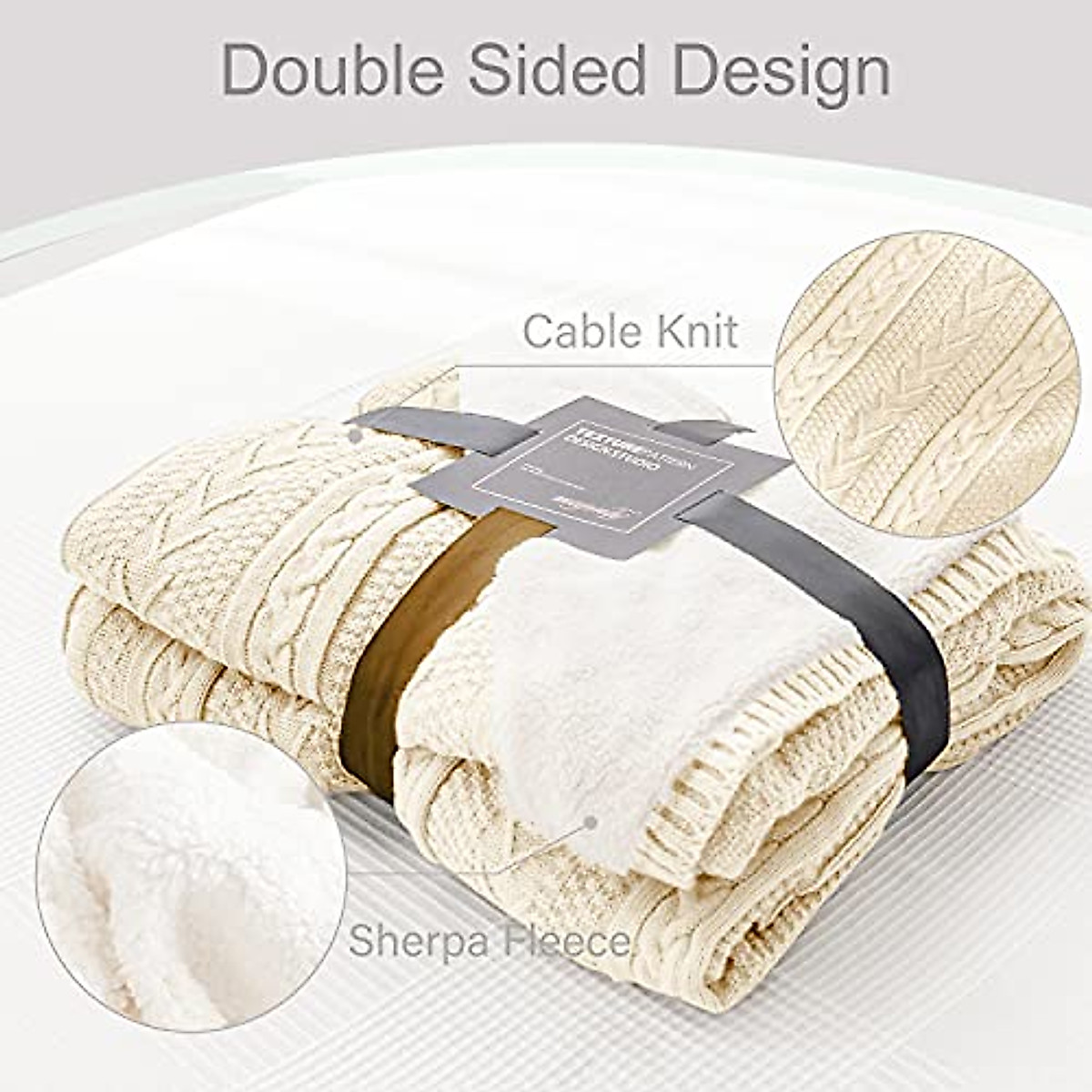 Beige Knit Sherpa Blanket Cotton Throw Blanket with Sherpa Lining Double Sided Reversible Winter Blanket Super Soft, Warm, Elegant, Plush, Cozy for Couch, Sofa, Bed Home Decor 50 x 63 inch