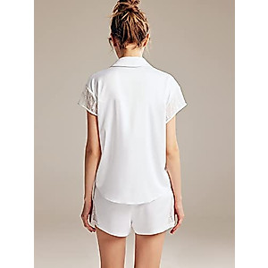 AW BRIDAL White Bride Pajamas Silk Pajama Set for Women Short Button Down Pajamas with Patchwork Lace 2Pieces PJ Set, White L