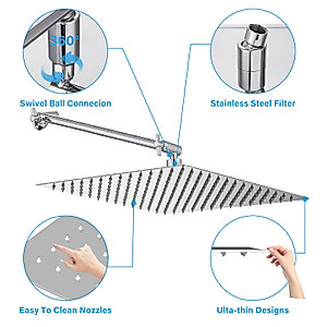 Shower Head with Adjustable Shower Arm - Sarlai 12 Inch Rain Shower Head Solid Square Ultra Thin 304 Stainless Steel with Solid Brass 11 Inch Adjustable Extension Arm, Chrome Finish