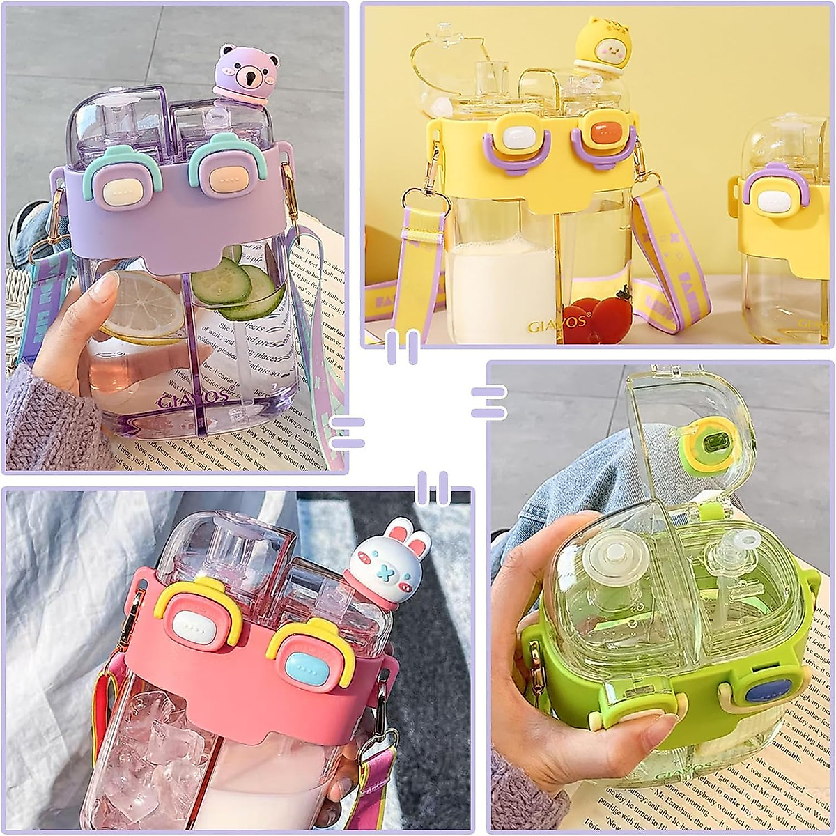 HiGropcore Kawaii Water Bottle Cute Water Bottles with Straw, Double Chamber Water Bottle with Adjustable Strap and Kawaii 3D Stickers, Portable Leakproof Water Jug, 26oz