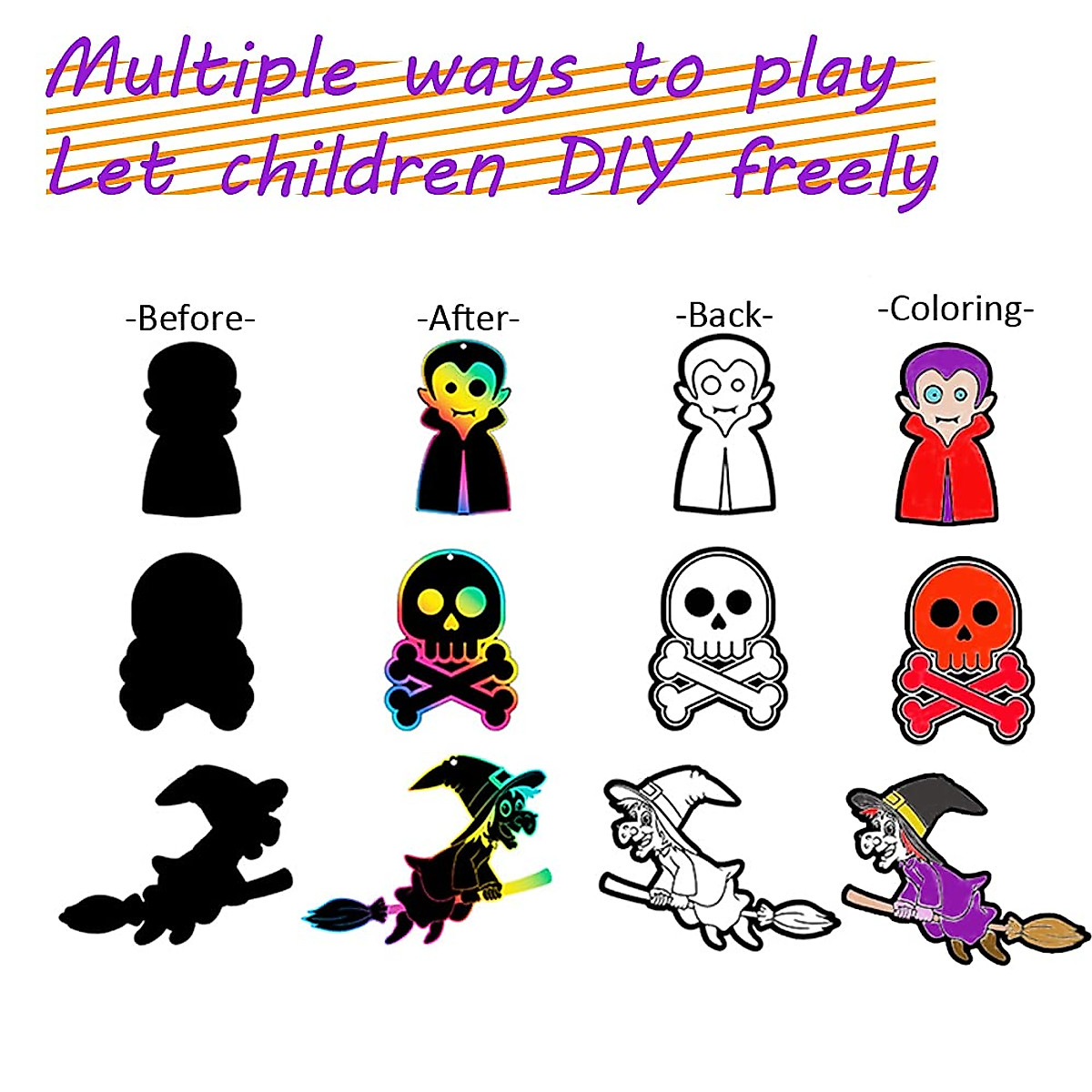 Mocossmy Halloween Magic Scratch Cards,24PCS Skeleton Spider Witch Pumpkin Rainbow Scratch Paper Scratch Art Crafts & Scratch Sticks & Ribbons Set for Kids St Patrick's Day Party Favor Supplies Games