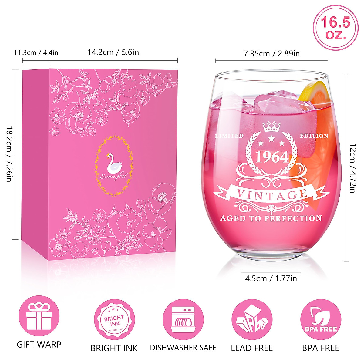 Swanfort 60th Birthday Gifts for Women,1964 Wine Glass For 60 Years Old Birthday Gift,60th Birthday Decorations for Her, 60th Birthday Gifts Ideas for Woman,Sister, Mom and Lovers with Gift Box
