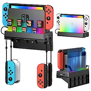 RGB Switch Wall Mount Kit for Nintendo Switch and OLED, Switch Dock Console Holder Stand, Switch Accessories with 7 Light Modes, 7 Card Slots, 4 Joy Con Hangers, 2 USB Ports, Behind TV, Graphite Black