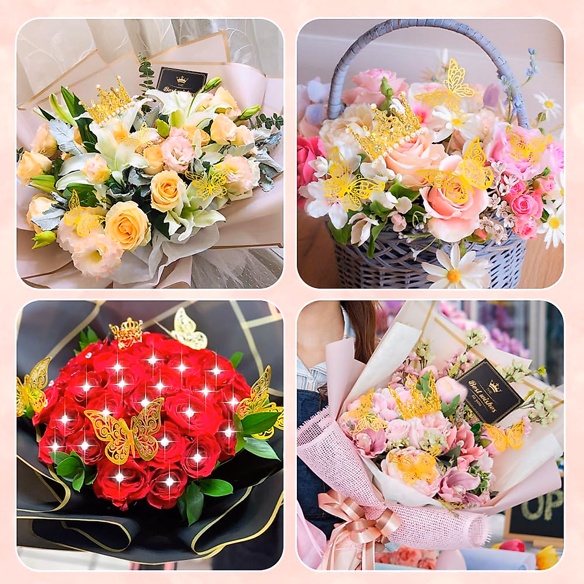 Vellibring 166pcs Flower Bouquet Accessories Flower Bouquet Wrapping Paper Ribbons Gold Crowns Butterfly Decorations Flower Pins for Florist Wrap Mother's Day Valentine's Day Birthday DIY Present