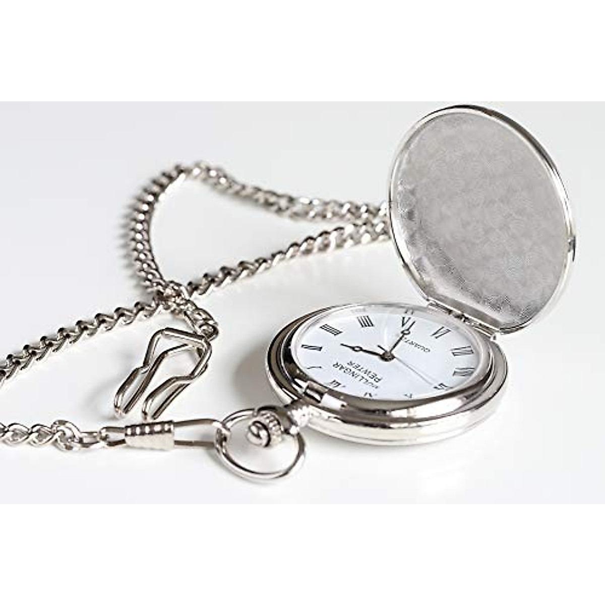 Biddy Murphy Shamrock Pocket Watch Made in Ireland Shamrock Pewter Medallion Stainless Steel Case with Chain Exclusive Made by Mullingar Pewter on Co. Westmeath, Ireland