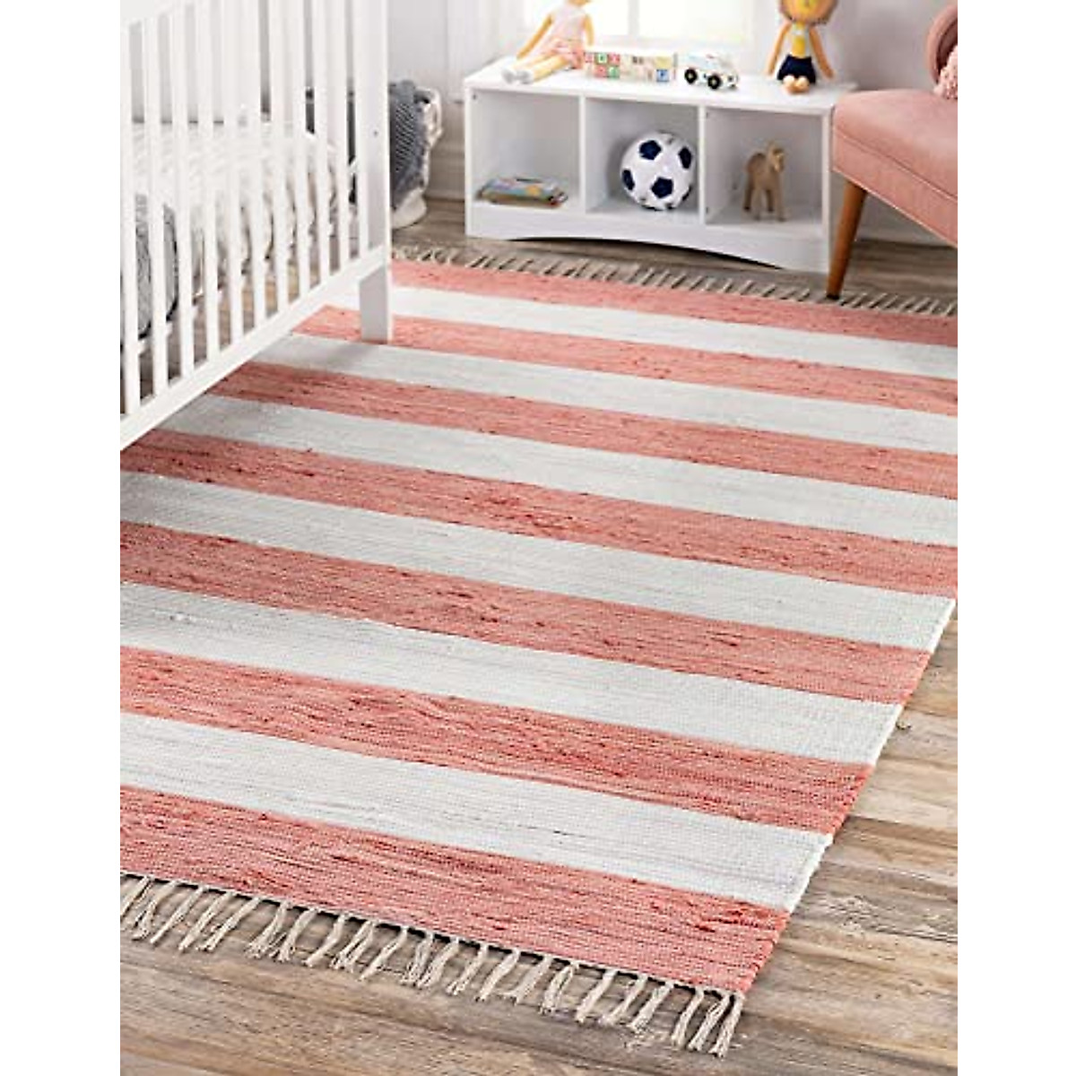 Unique Loom Chindi Rag Collection Area Rug - Striped (4' 1" x 6' 1" Rectangle, Coral and Ivory)