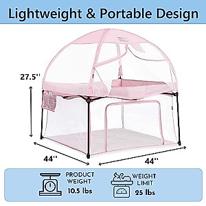 Dream On Me Ziggy Square Playpen with Canopy | Baby Playpen | Portable and Lightweight | Playpen for Babies and Toddler | Pink